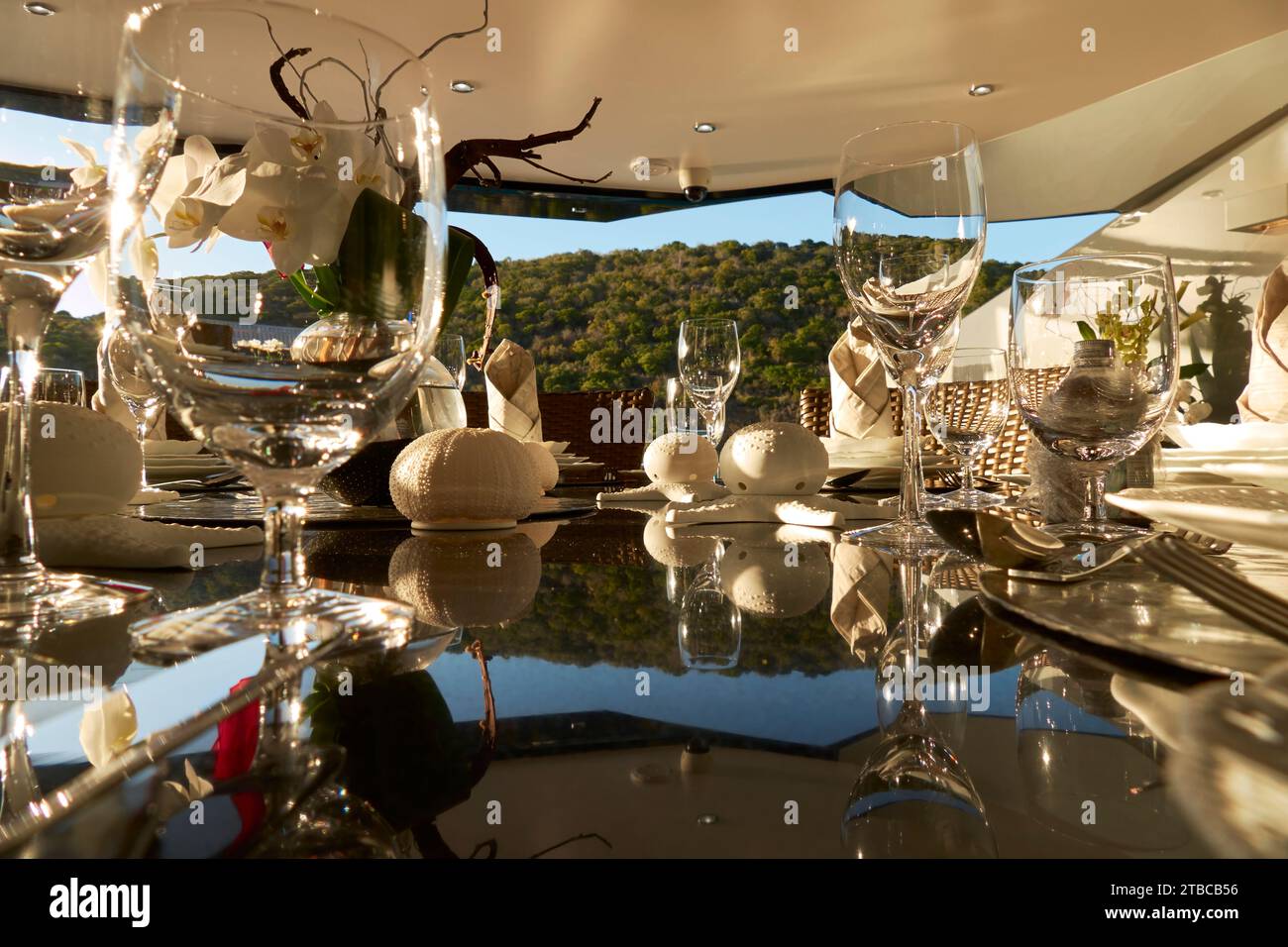 Luxury yacht charter table setting with flowers,wine glasses and marine ...