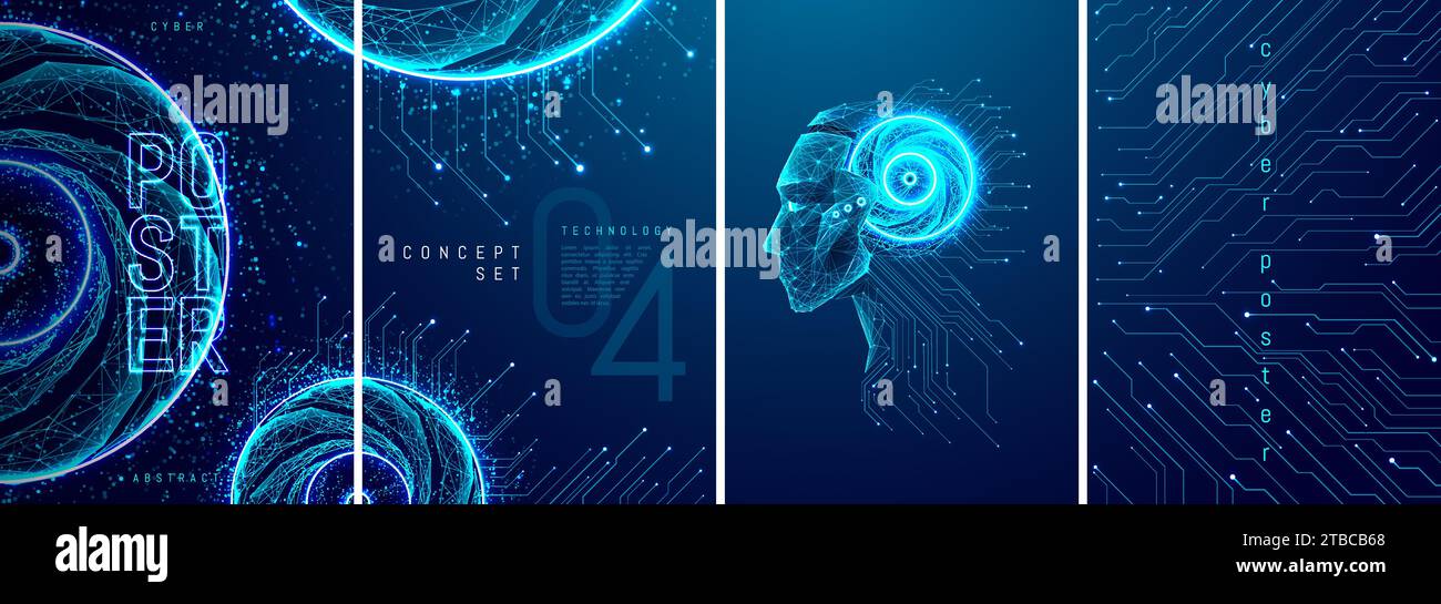 AI technology poster design. Set of posters in futuristic light blue ...