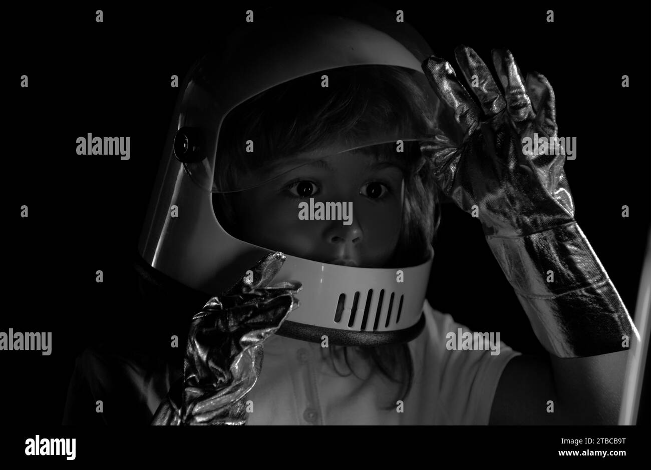 Kid boy exploring space. Portrait of cute kids in space suits ...