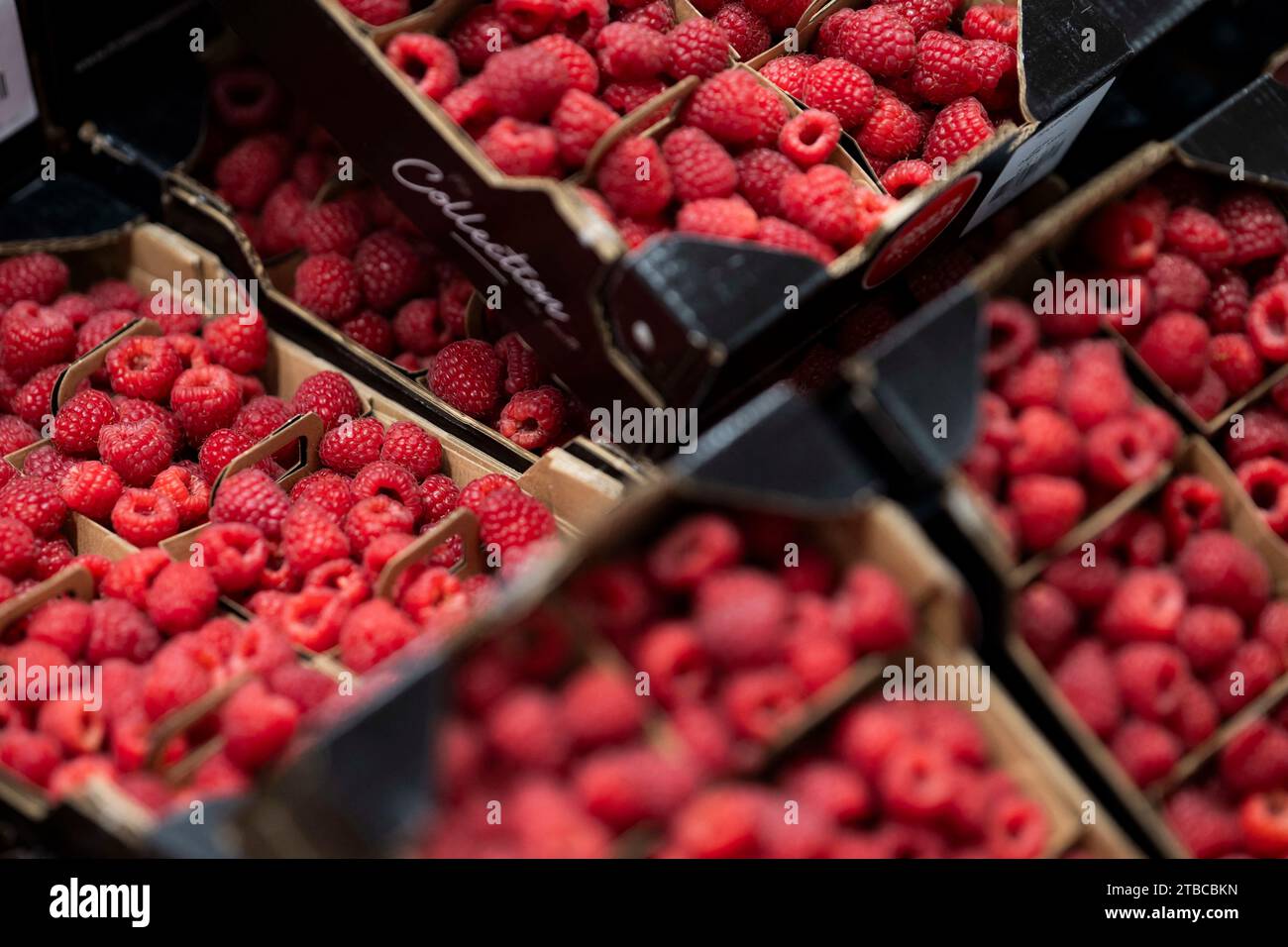 This photograph shows raspberries (framboises) at the fruits and ...