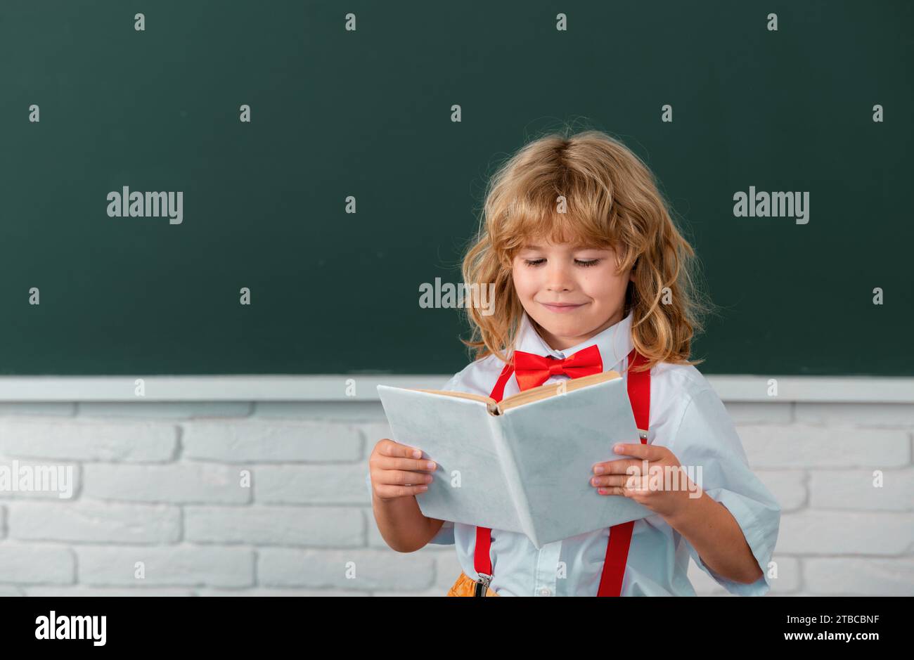 School boy reads a book in the classroom. Cute child at school. Kid is ...