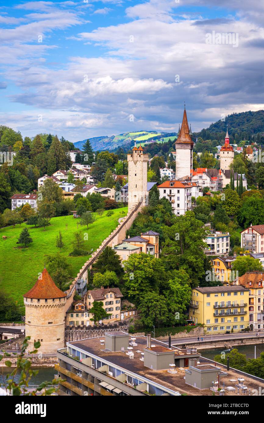Lucerne, Switzerland at the medieval Musegg Wall and towers Stock Photo ...