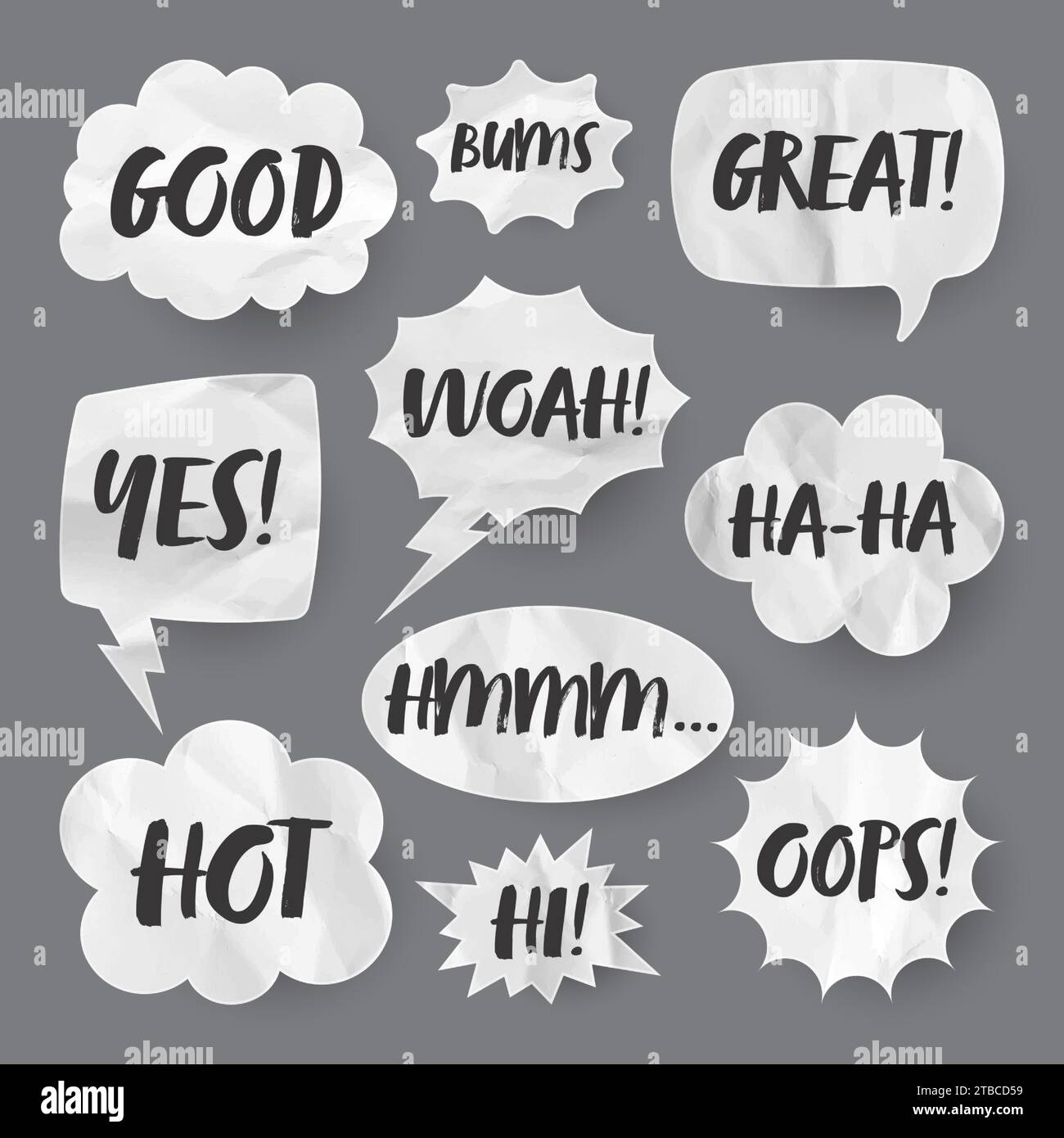 Crumpled paper comic speech bubbles. Hand drawn retro cartoon stickers ...