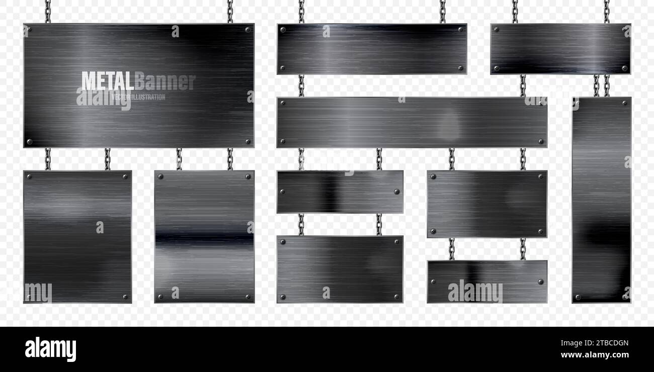 Metal banners hanging on a chain. Realistic shiny steel plate with ...