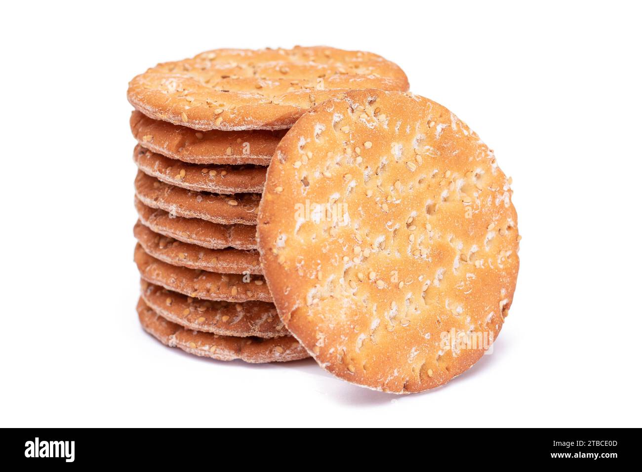 A Stack of Round Salt Crackers with Sesame Isolated on White Background ...