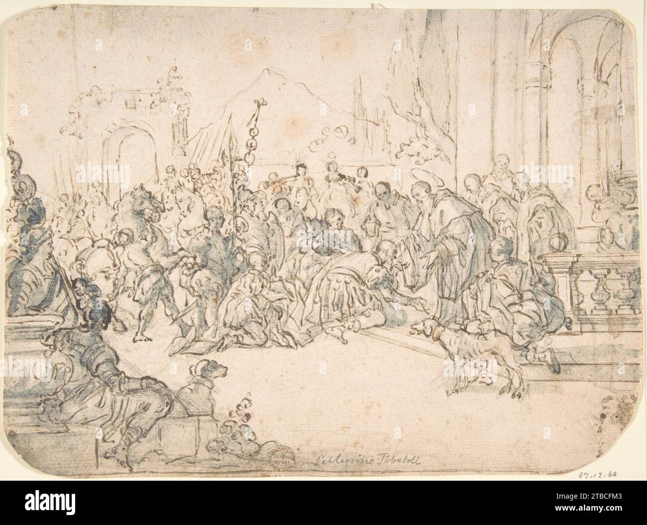 Saint Benedict Receiving a Warrior (recto); Sketch of Crowded Narrative ...