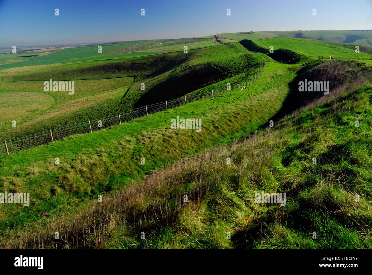 The Wansdyke ancient earthwork on the Wiltshire Downs, looking towards ...
