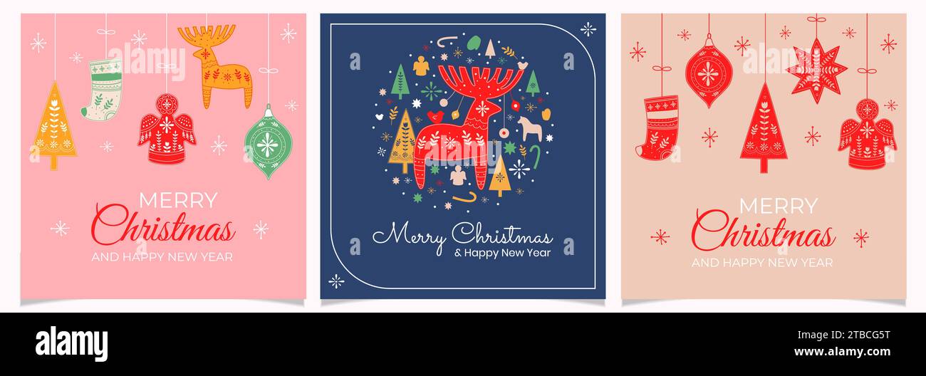 Merry Christmas cards set with scandi decoration Stock Vector Image ...