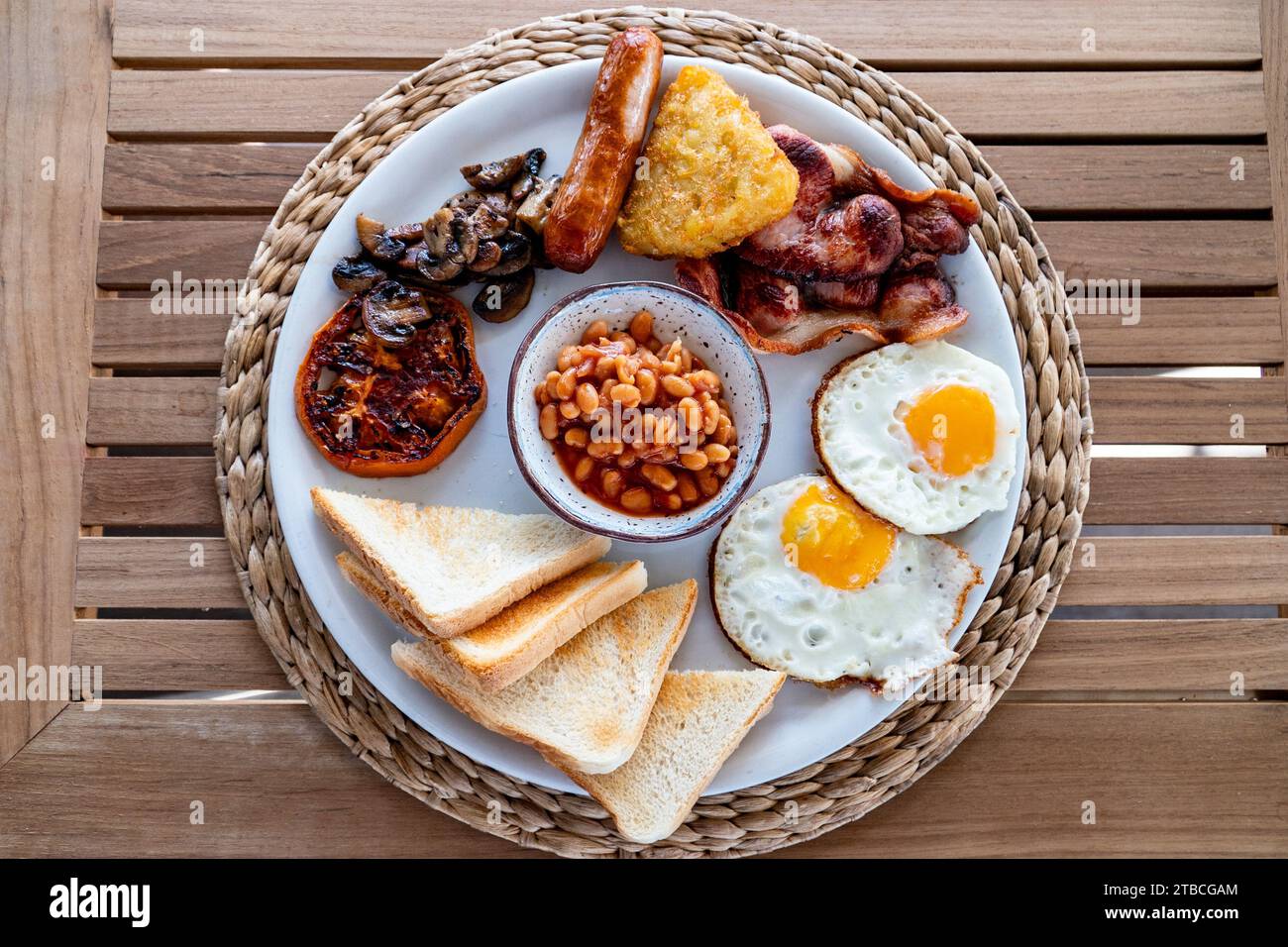 a central overlooking view of a full English style fried breakfast ...