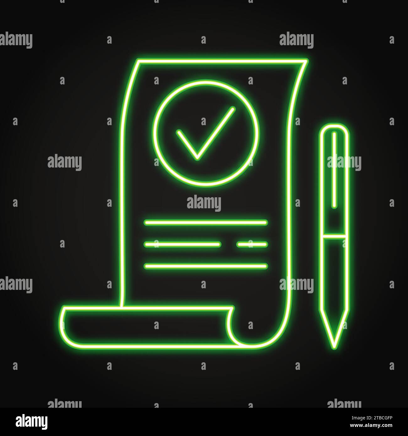 Document with checkmark neon icon. Warranty, contract or agreement ...