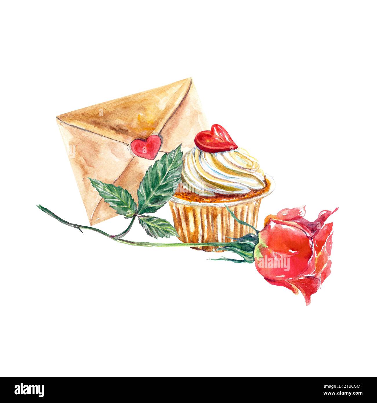 Envelope, rose, cake. Watercolor illustration isolated on white ...