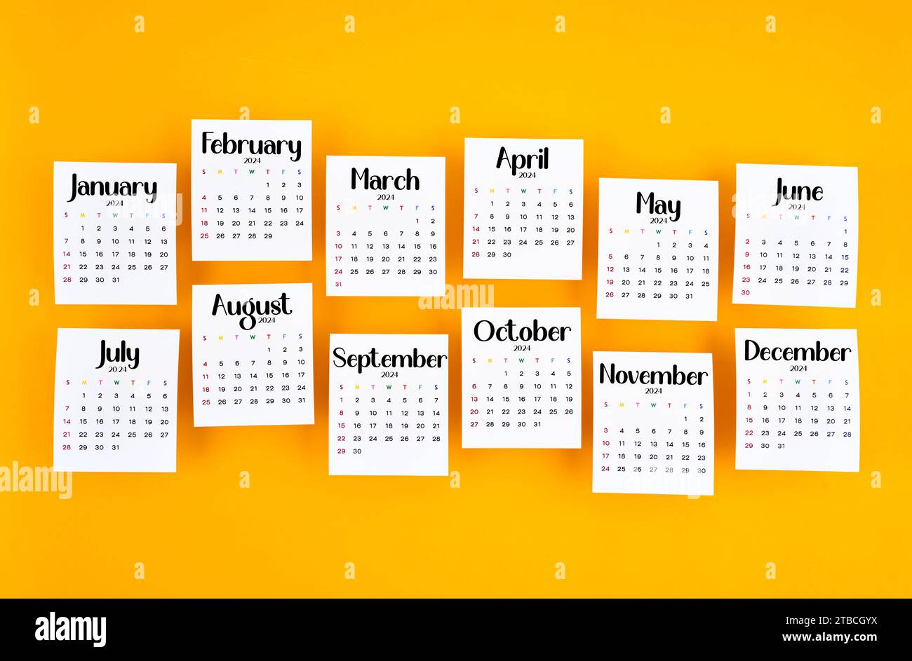 Months 1 to 12 January-December 2024 calendar page on yellow color ...