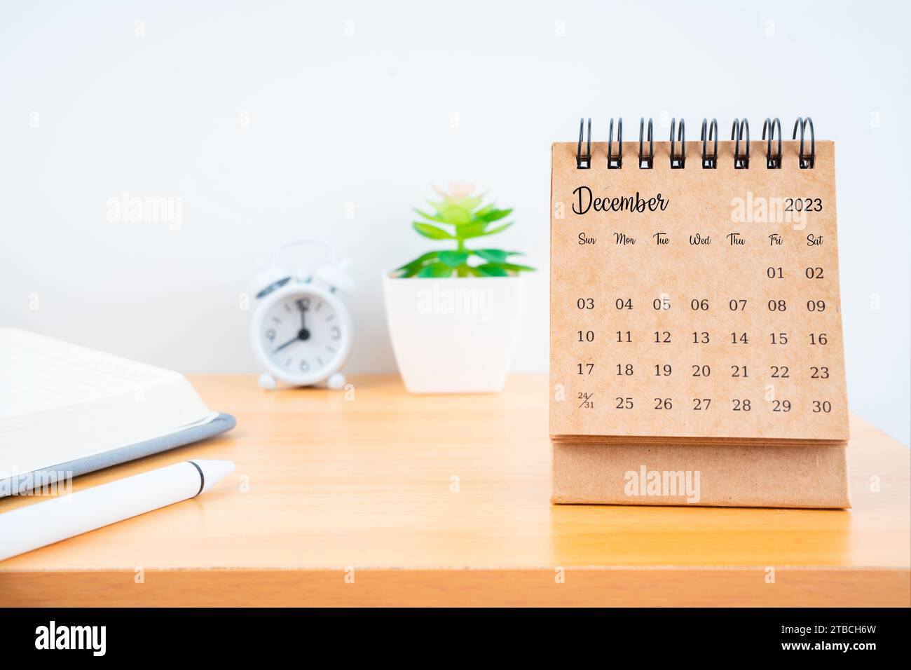 Front view of December desk calendar for 2023 year on worktable Stock ...