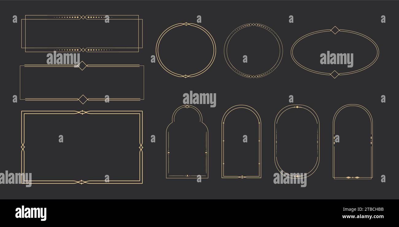Set Golden celestial frames, borders, oval, circle and arch line art esoteric minimal decoration ...