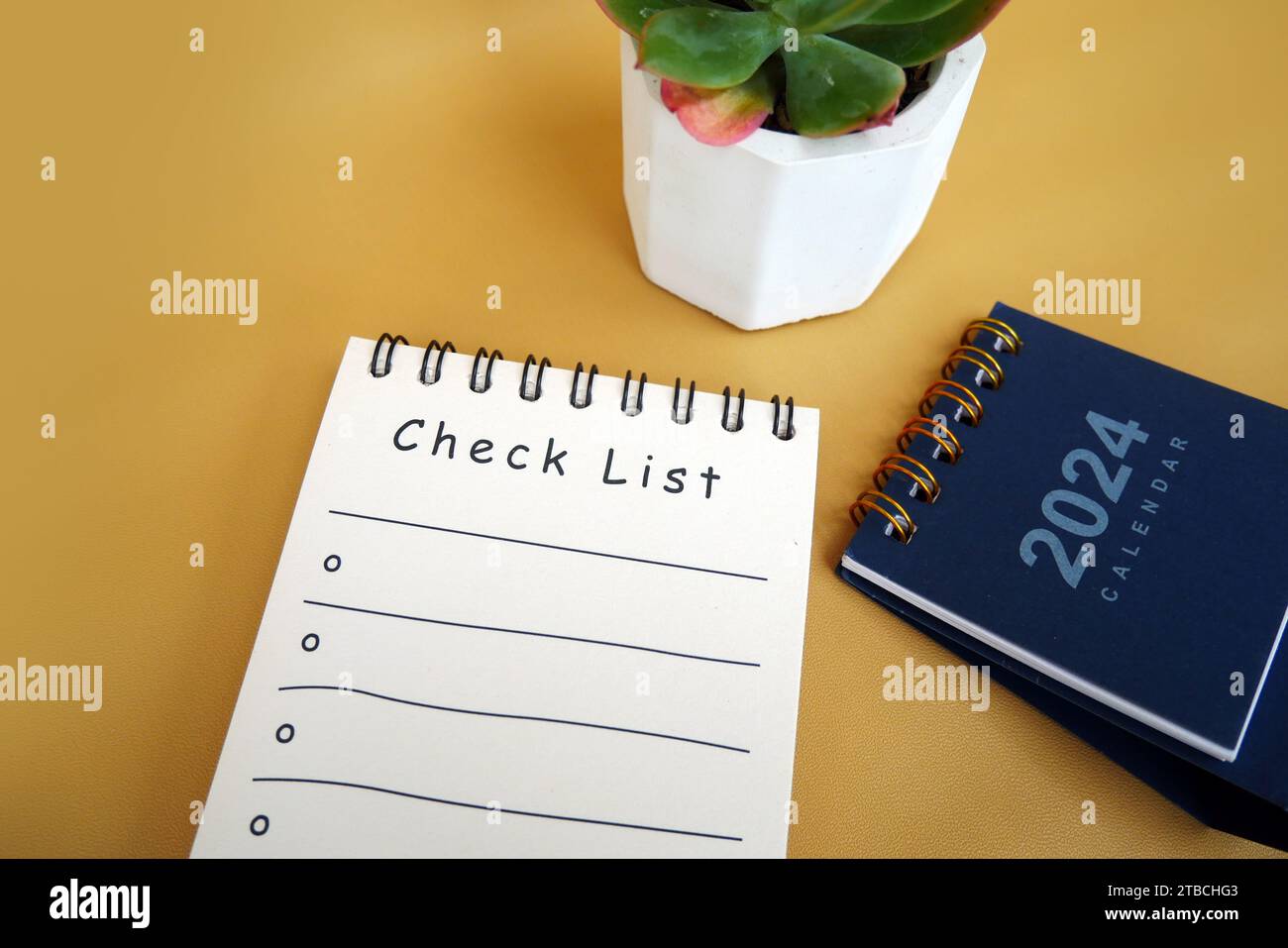 Top view. Checklist book with 2024 calendar and green plant. New Year 2024 goals, resolutions ...