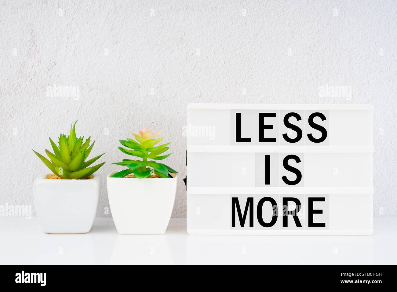 The lightbox displaying the words "Less is more" with and plants on a ...
