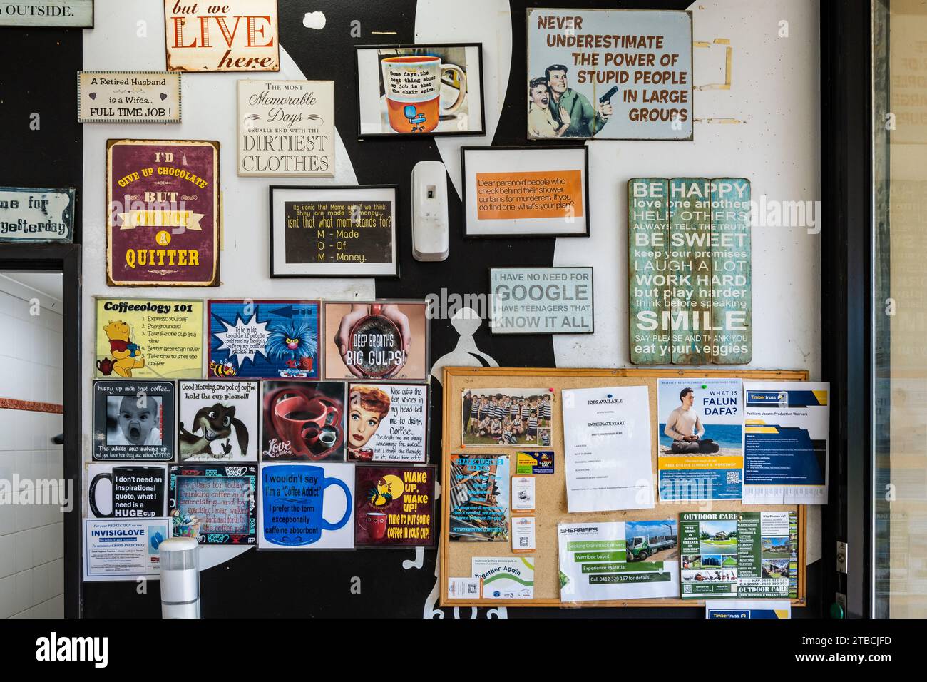 A collection of funny signs on the wall of a local cafe. Victoria ...