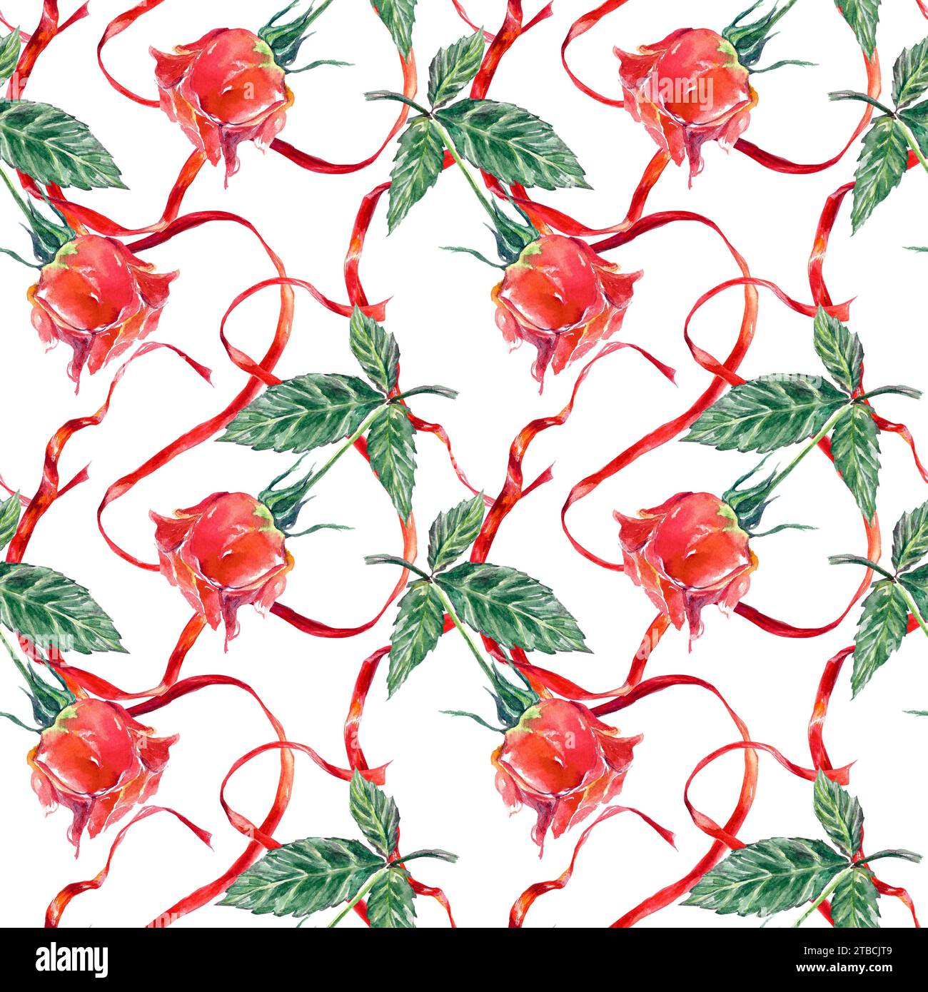 Seamless pattern of red rose buds, ribbons. Watercolor illustration ...