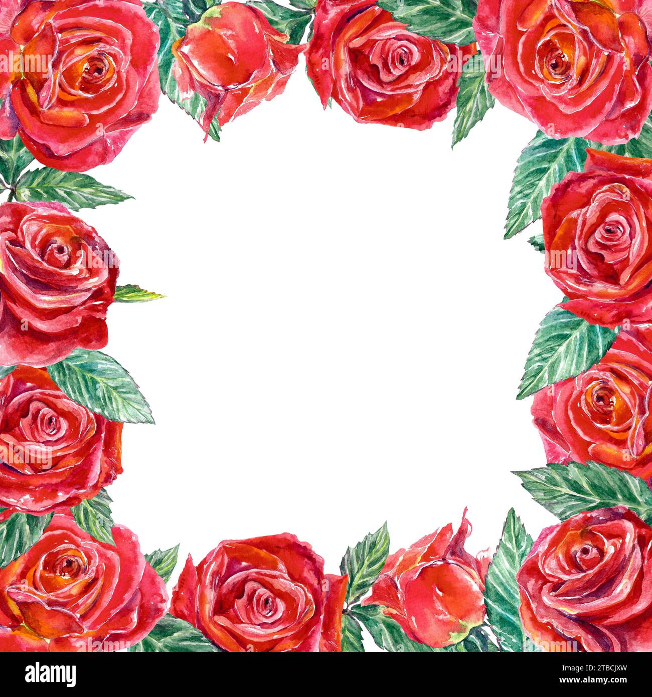 Square frame of red roses. Watercolor illustration isolated on white ...