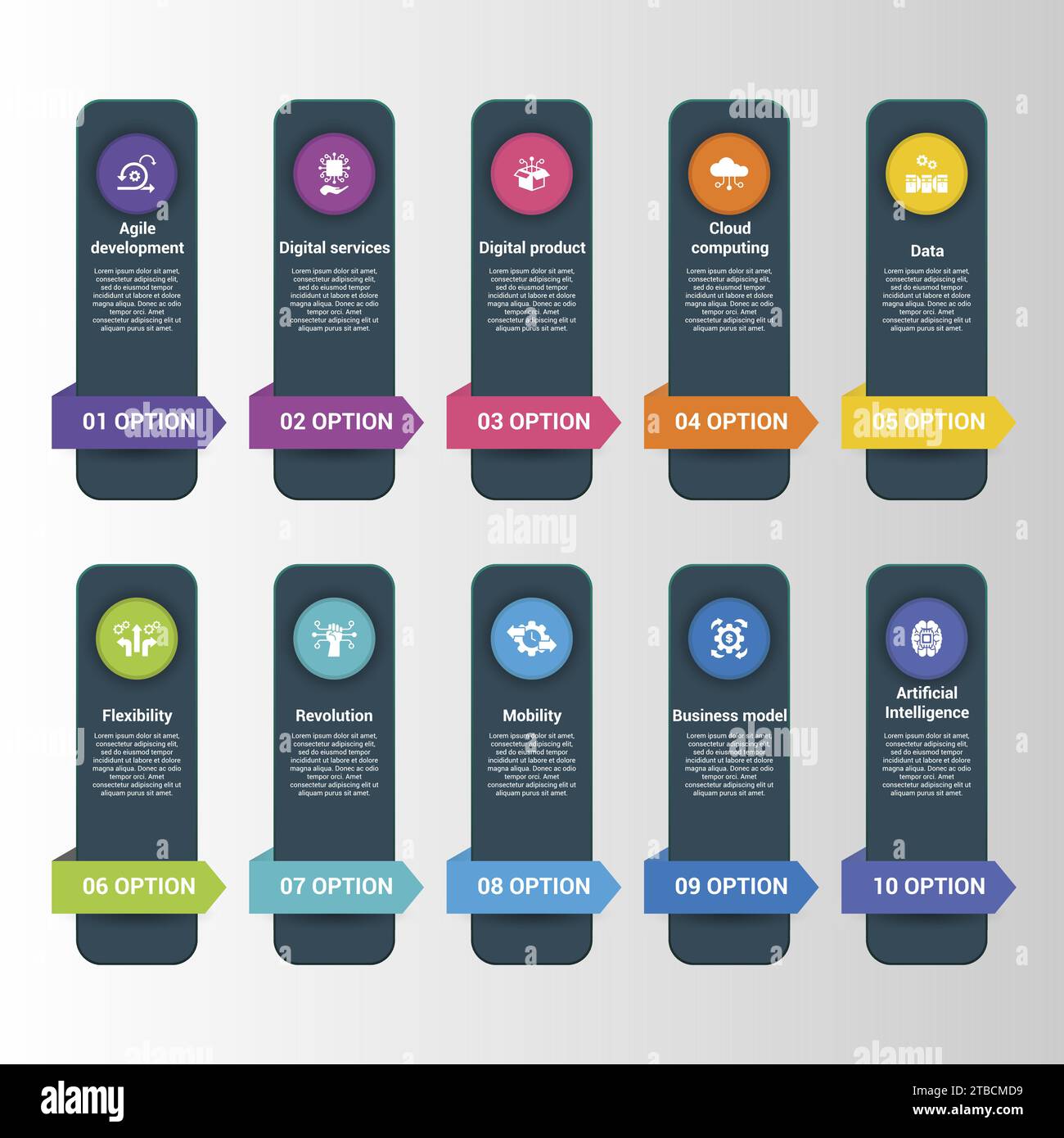 Infographics with Digitalisation theme icons, 10 steps. Such as agile development, digital ...