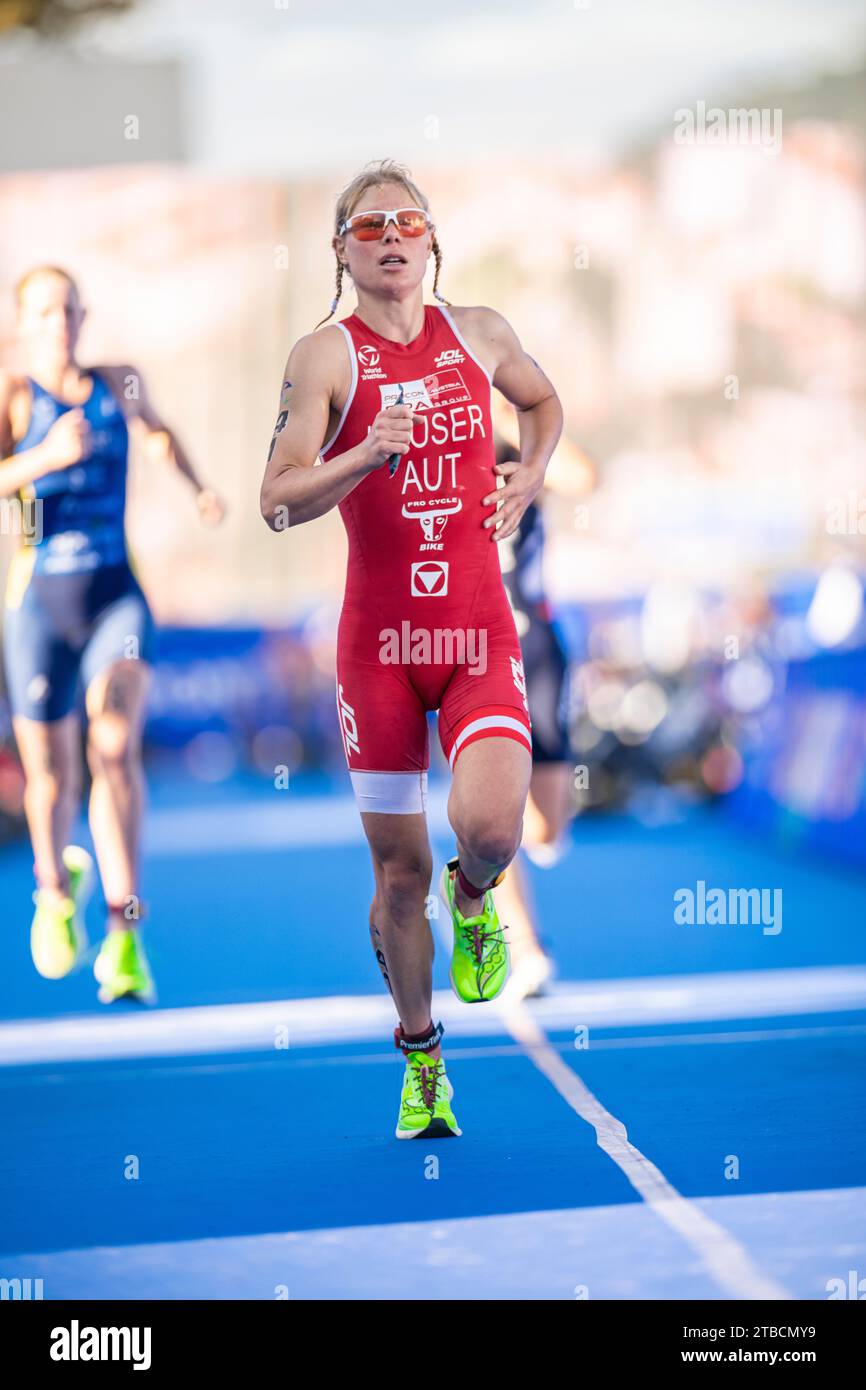 Julia Hauser participating in Pontevedra in the 2023 World Triathlon ...