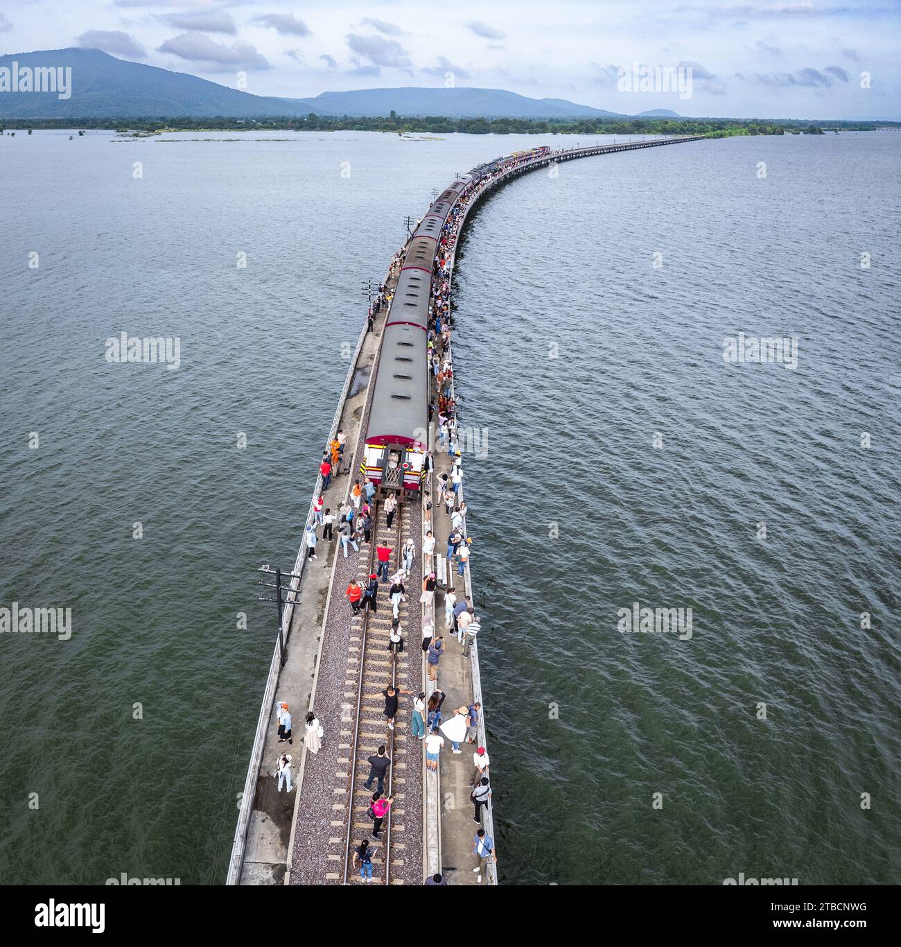 Aerial view of the floating train in Pasak Chonlasit Dam, Lopburi ...
