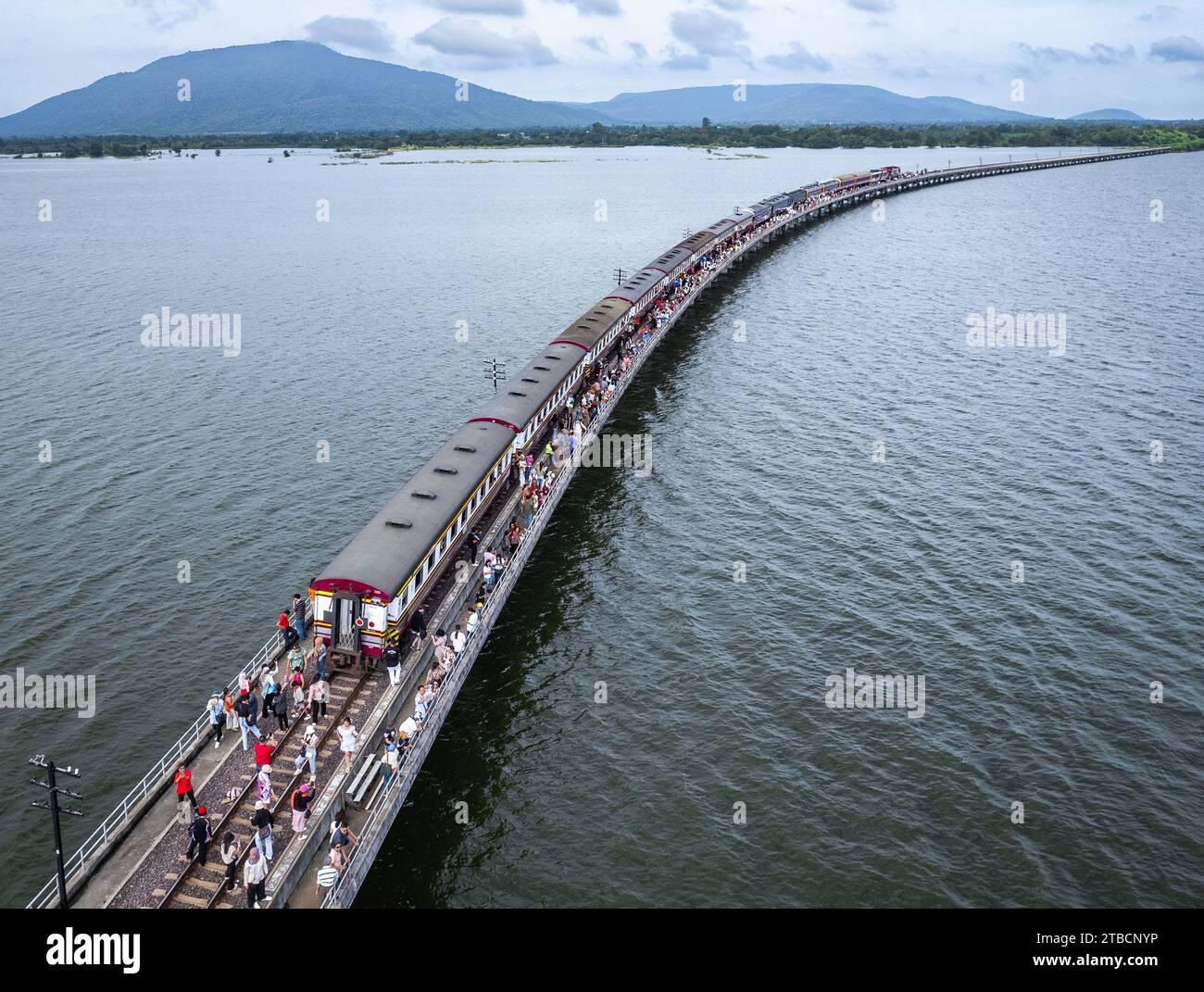Aerial view of the floating train in Pasak Chonlasit Dam, Lopburi ...
