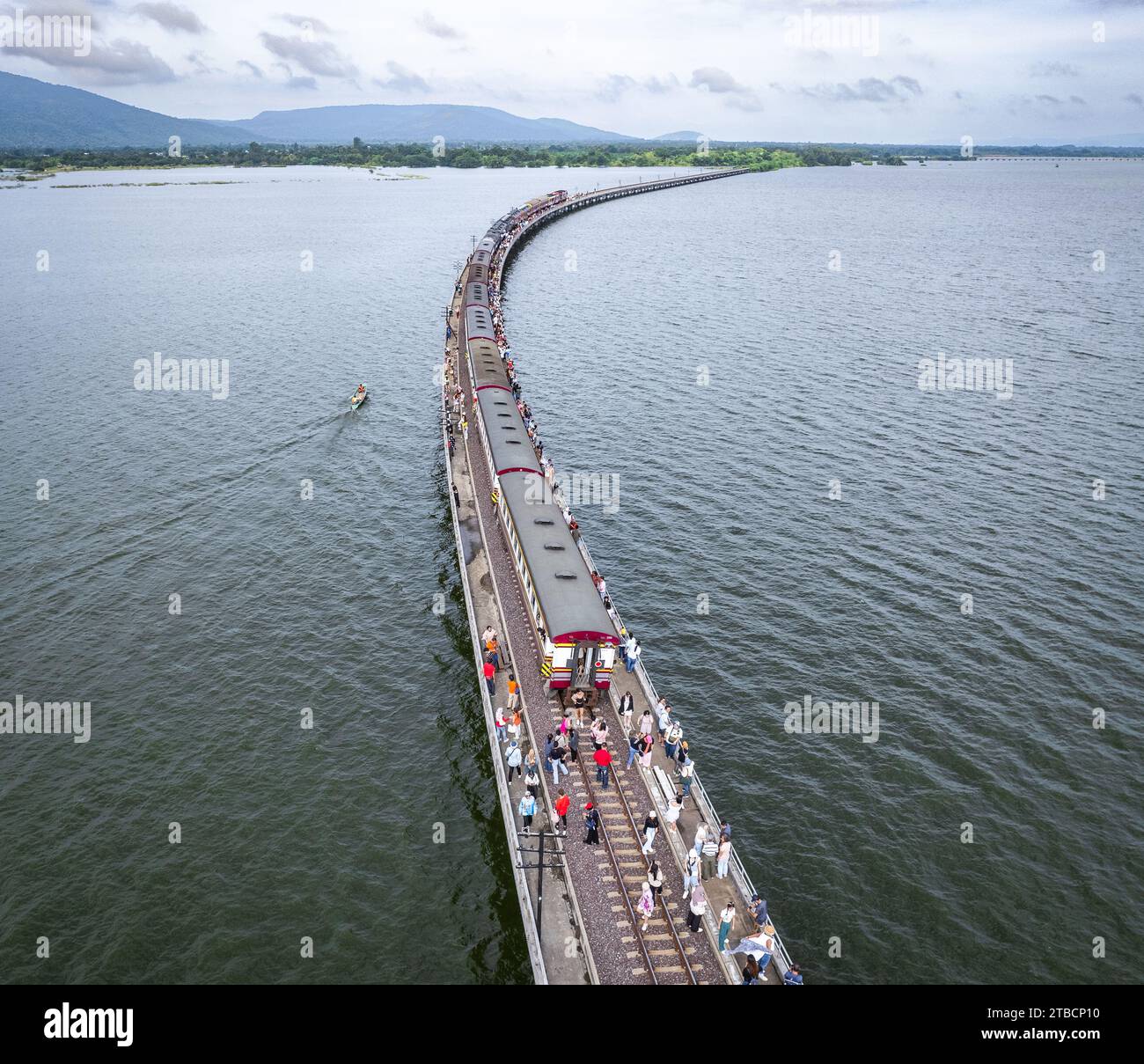 Aerial view of the floating train in Pasak Chonlasit Dam, Lopburi ...