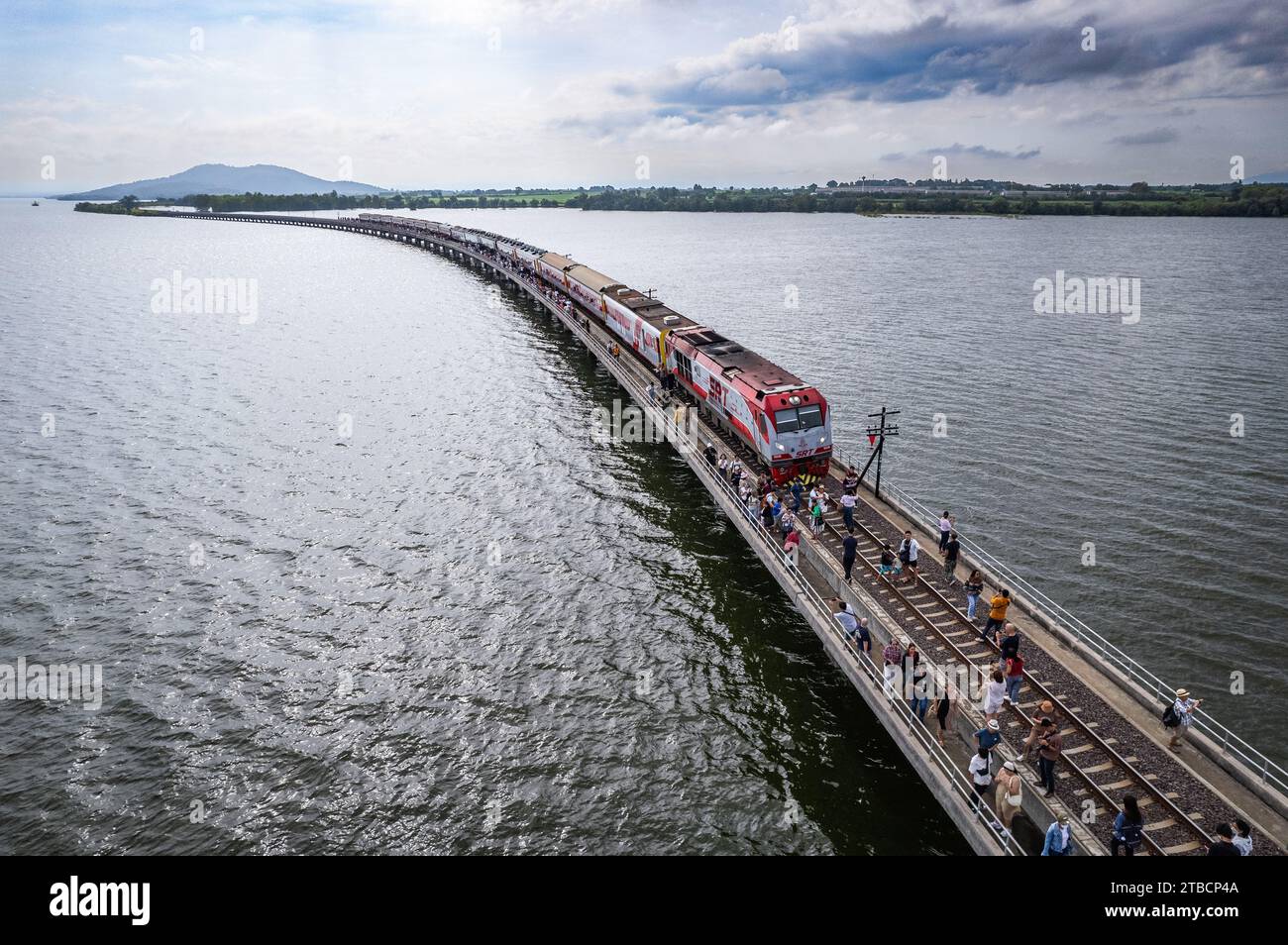 Aerial view of the floating train in Pasak Chonlasit Dam, Lopburi ...