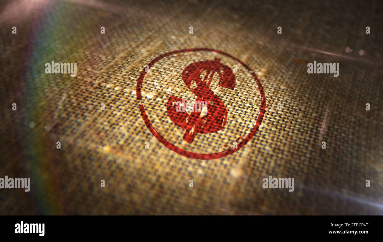 Dollar symbol stamp printed on linen sack. USD american money USA sign ...