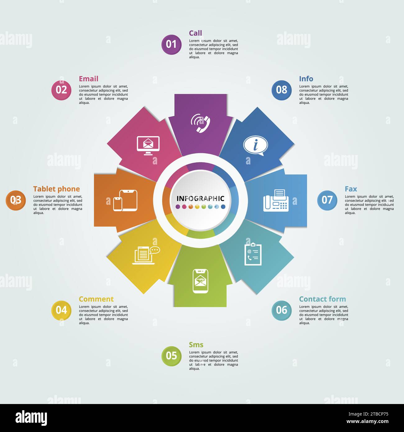 Infographics with Contact theme icons, 10 steps. Such as call, email, tablet phone, comment and ...