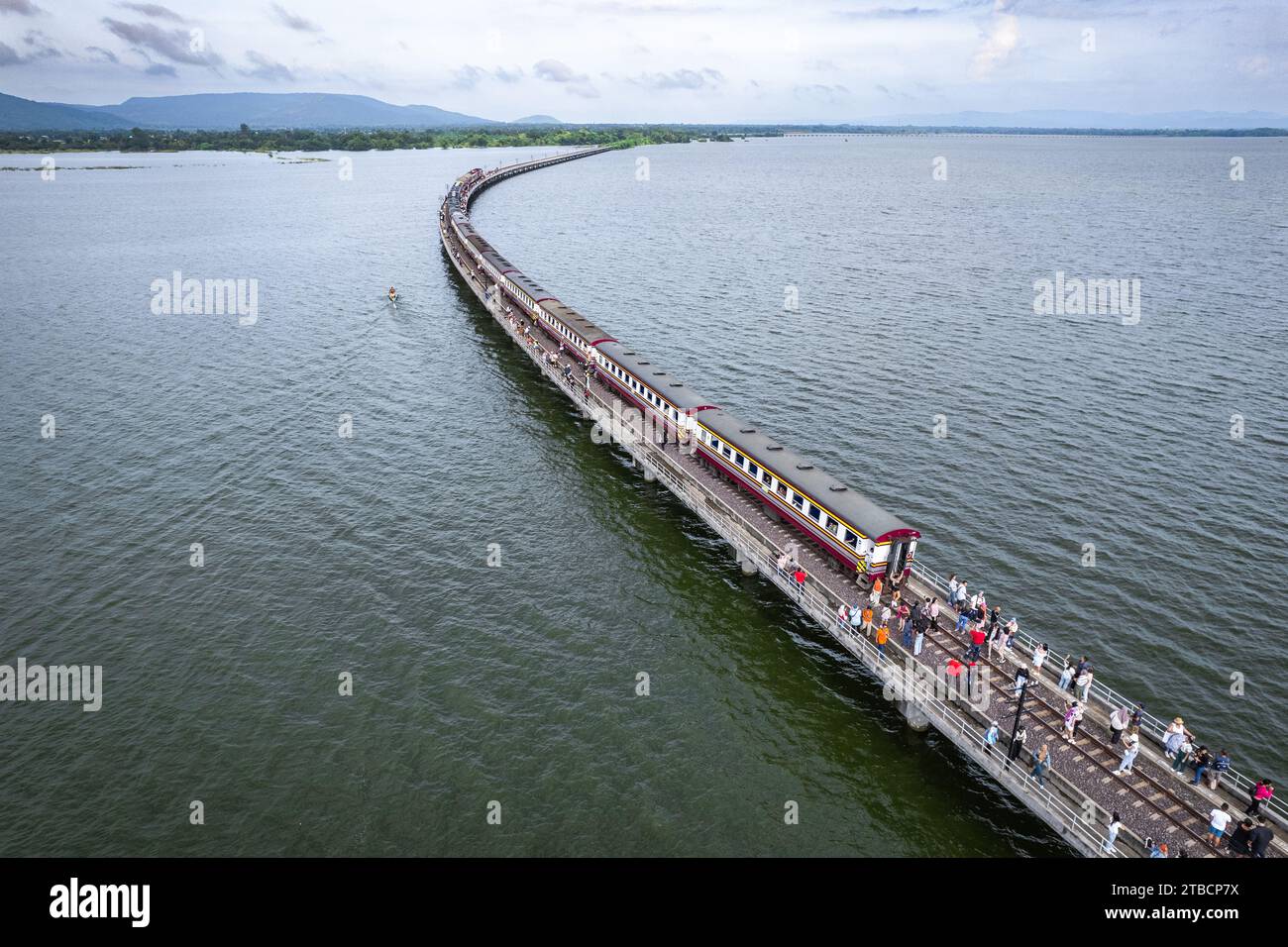Aerial view of the floating train in Pasak Chonlasit Dam, Lopburi ...