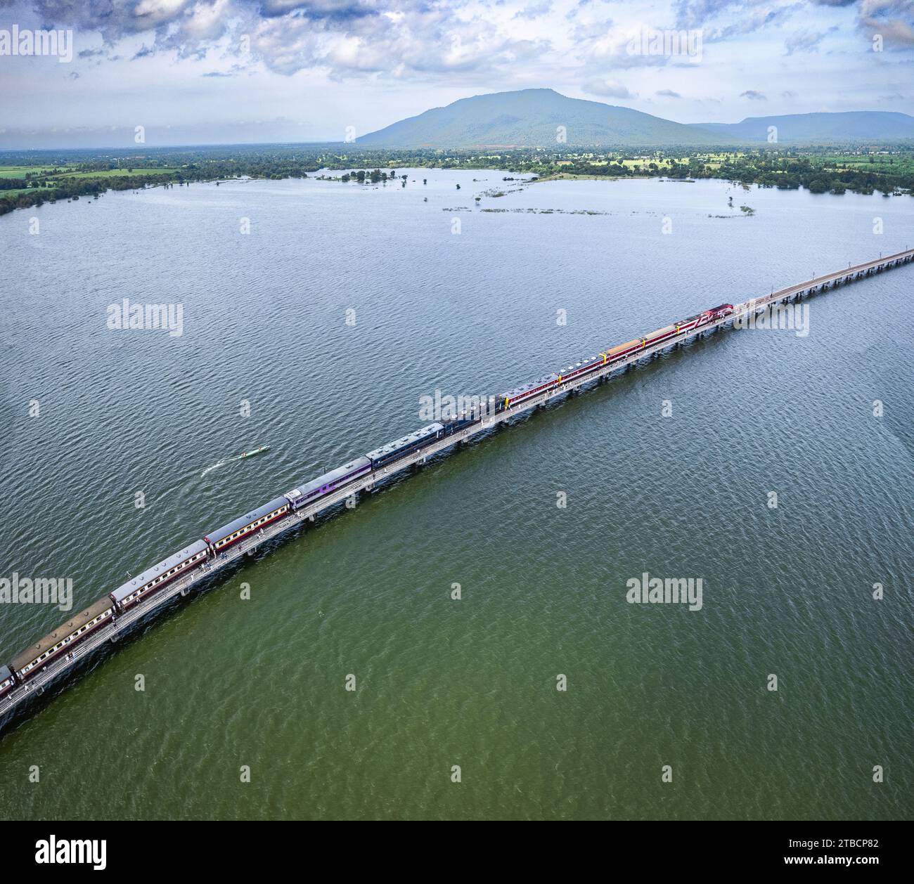 Aerial view of the floating train in Pasak Chonlasit Dam, Lopburi ...