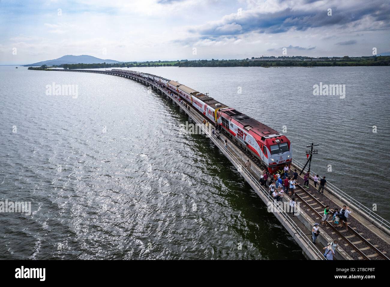Aerial view of the floating train in Pasak Chonlasit Dam, Lopburi ...