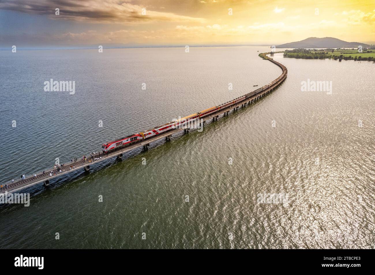 Aerial view of the floating train in Pasak Chonlasit Dam, Lopburi ...