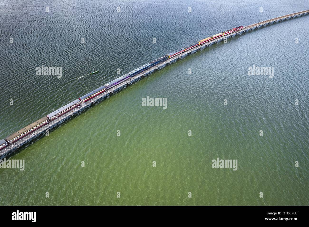Aerial view of the floating train in Pasak Chonlasit Dam, Lopburi ...