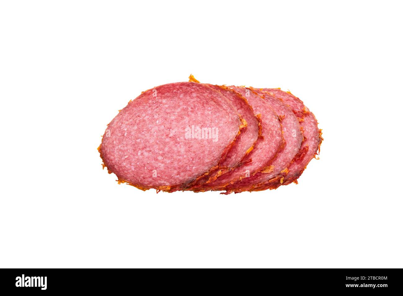 Salami sausage slices and leaf green basil isolated on white background. Few pieces or several ...