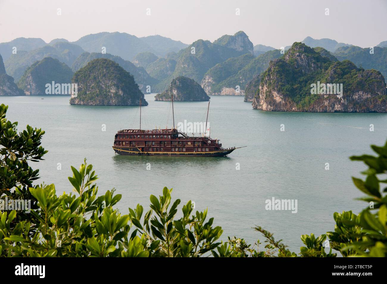 Elevated view through trees of Bai Tu Long Halong Bay junk cruise boat ...
