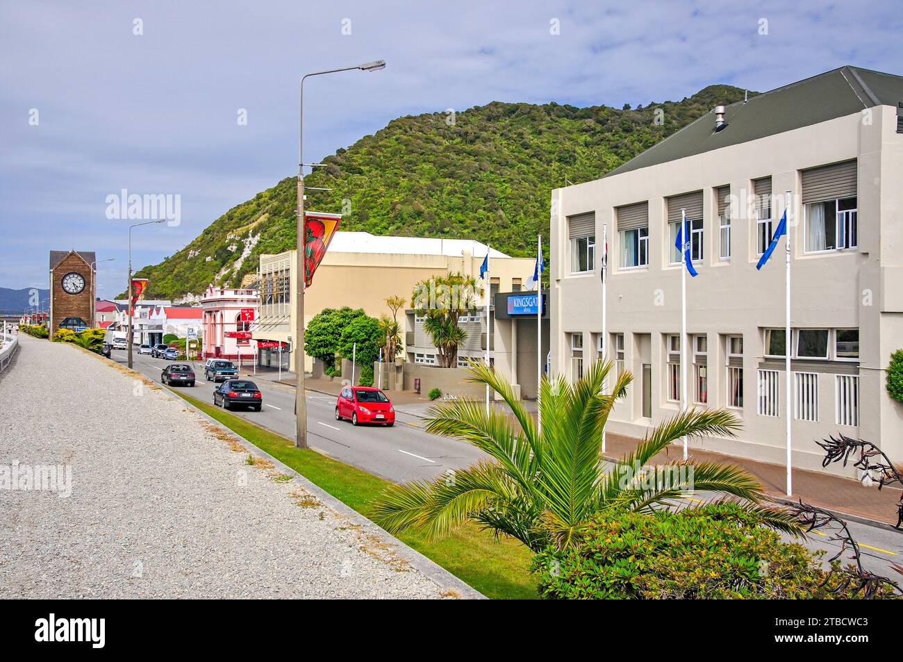 View of seawall and Mawhera Quay, Greymouth (Māwhera), West Coast ...