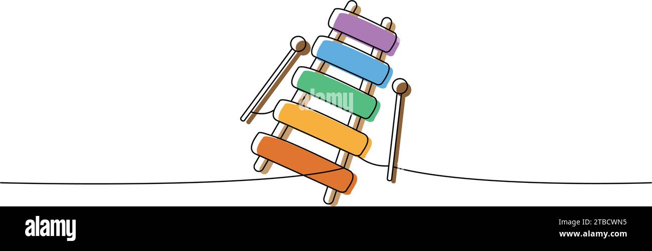 Wooden xylophone toys one line colored continuous drawing. Musical ...