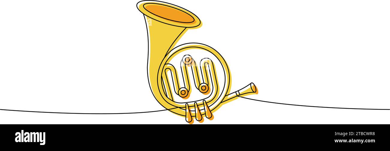 French horn one line colored continuous drawing. Musical instruments ...