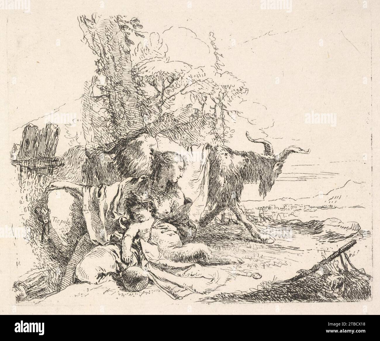 Woman and infant satyr in a landscape, the woman twisting to look over ...