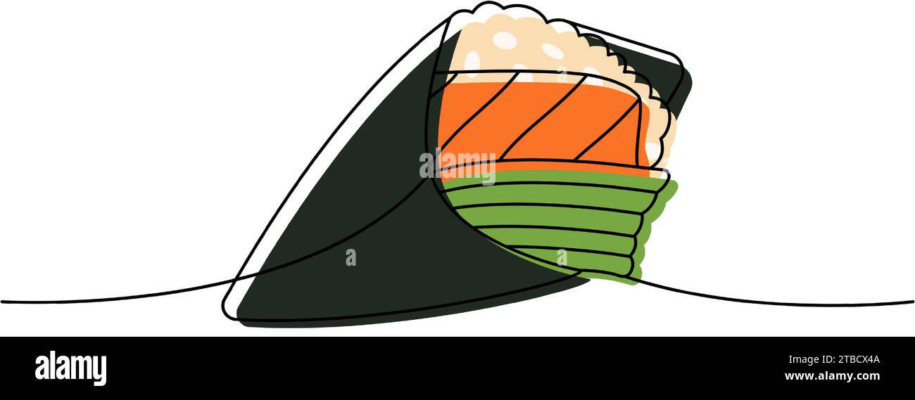 Sake hand roll one line colored continuous drawing. Japanese cuisine ...