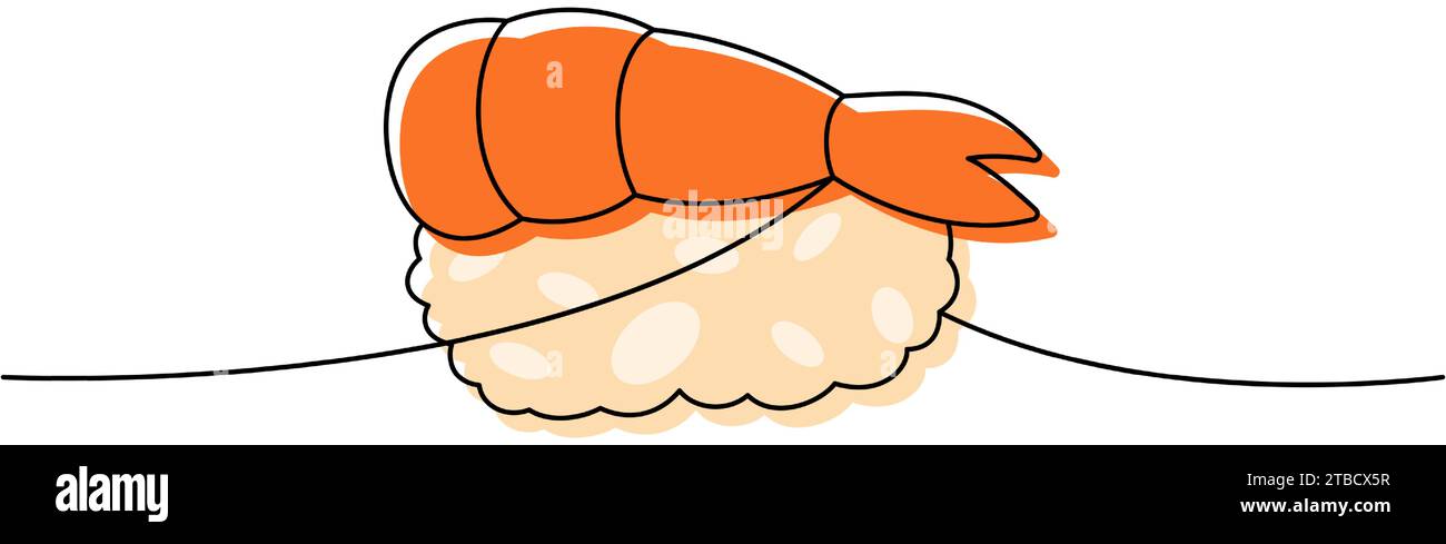 Shrimp nigiri, ebi sushi one line colored continuous drawing. Japanese ...