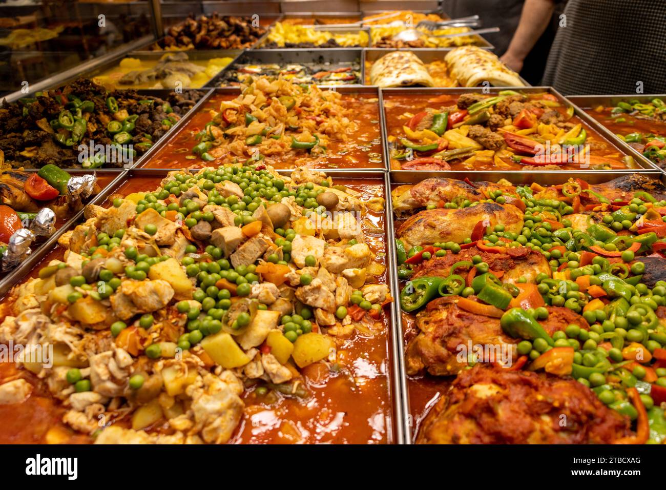 Many varieties of hot and juicy Turkish dishes in a restaurant. The ...