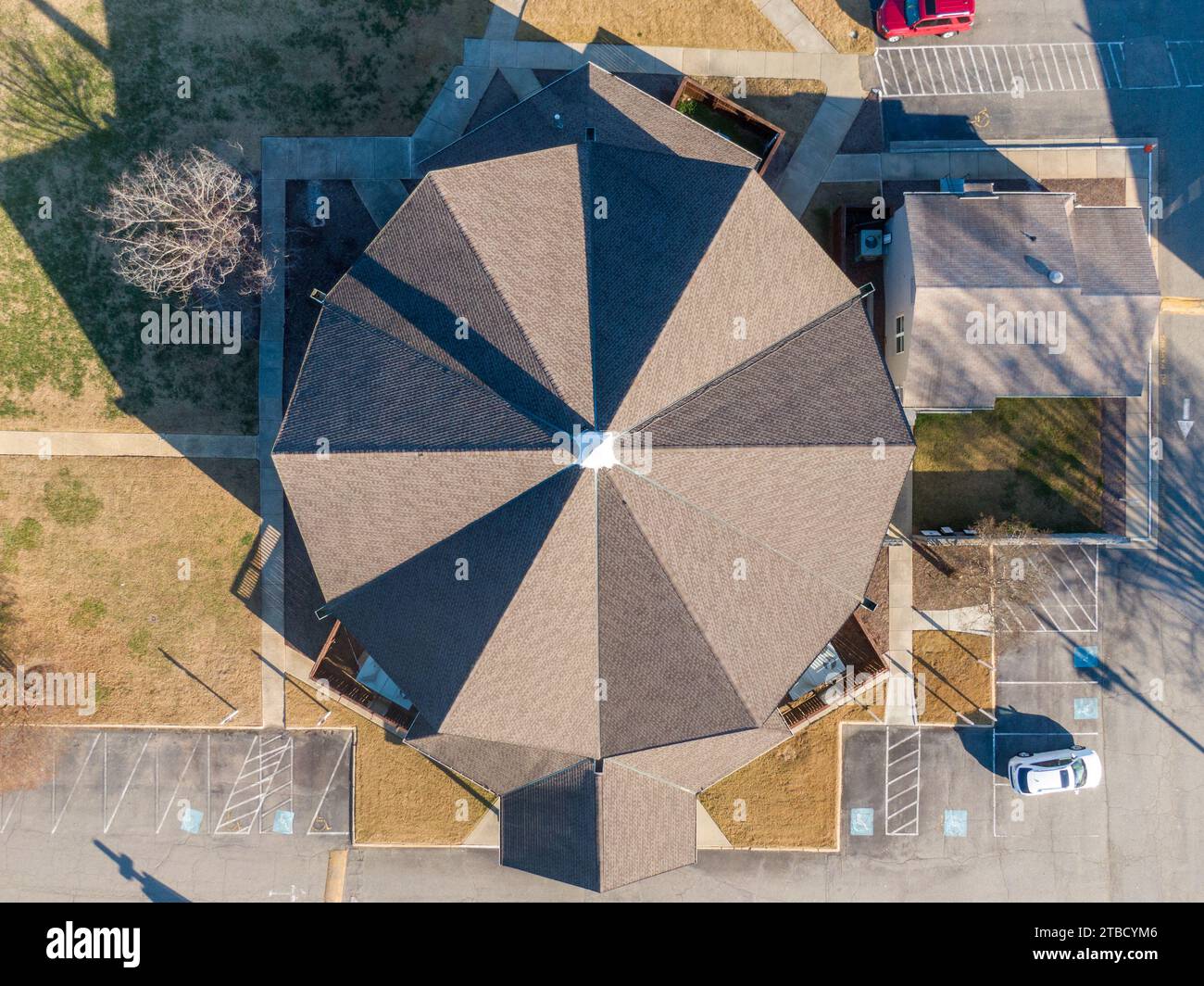 Top Down Outdoor Drone View of Unique Church With asphalt shinges and ...