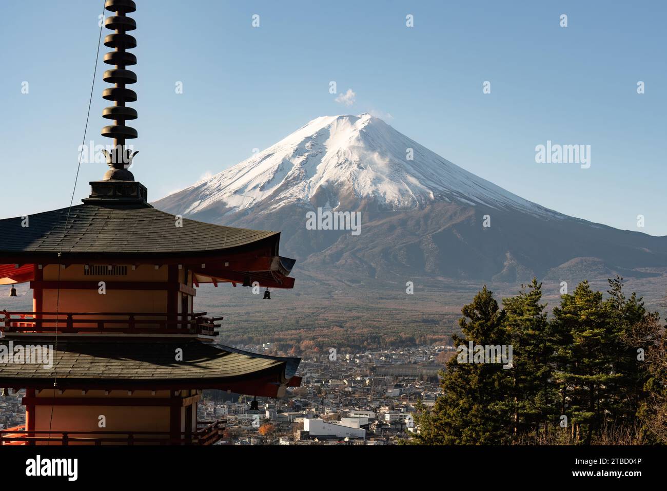 Red autumn in Japan. Chureito pagoda in Fujiyoshida with mount Fuji. Beautiful japanese landmark ...