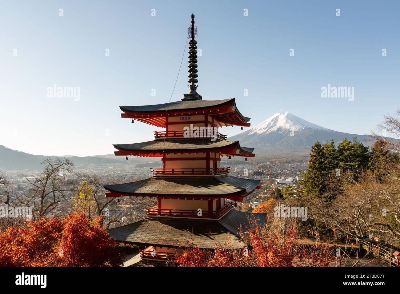 Red autumn in Japan. Chureito pagoda in Fujiyoshida with mount Fuji. Beautiful japanese landmark ...