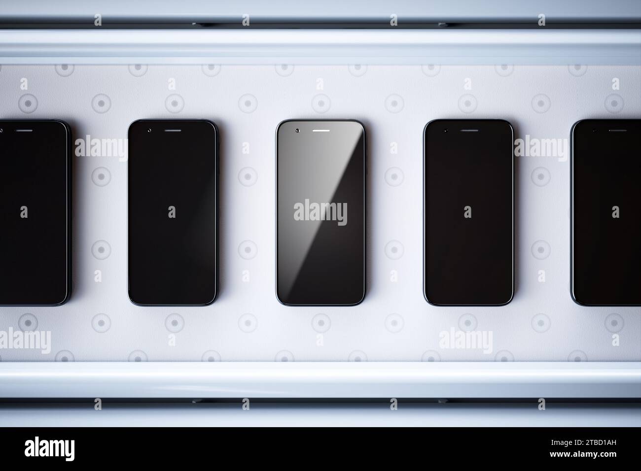 Top-View Display of Five Sleek Black Smartphones Lined Up on Dotted ...