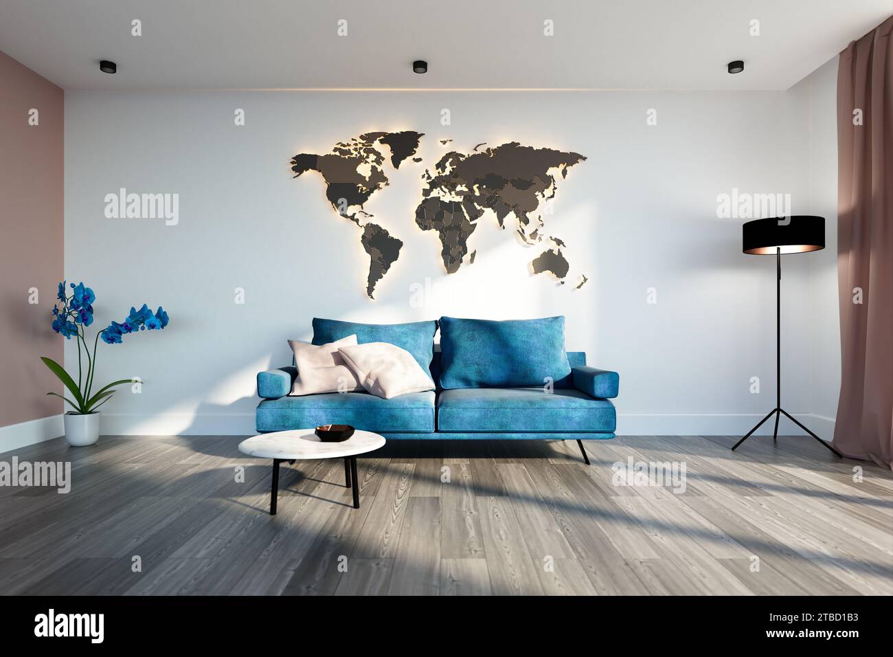 Contemporary Living Room Interior with Elegant World Map Wall ...